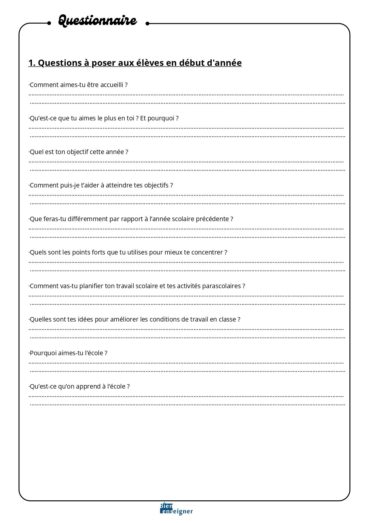 Exemple de questionnaire pour les élèves à imprimer