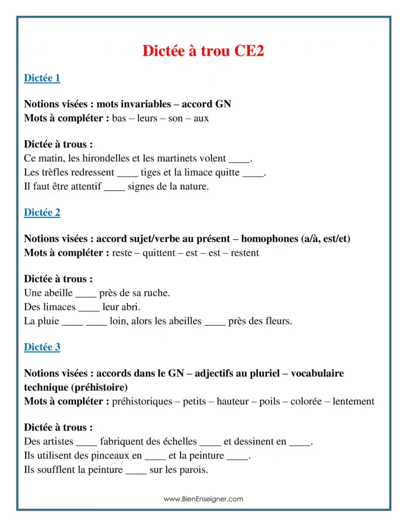 Dictée CE2 : fiches à imprimer