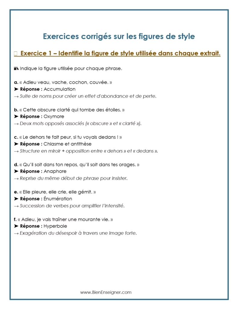 Les figures de style : exercices corrigés à imprimer