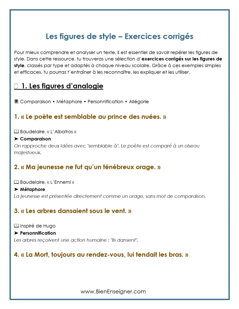 Les figures de style : exercices corrigés à imprimer