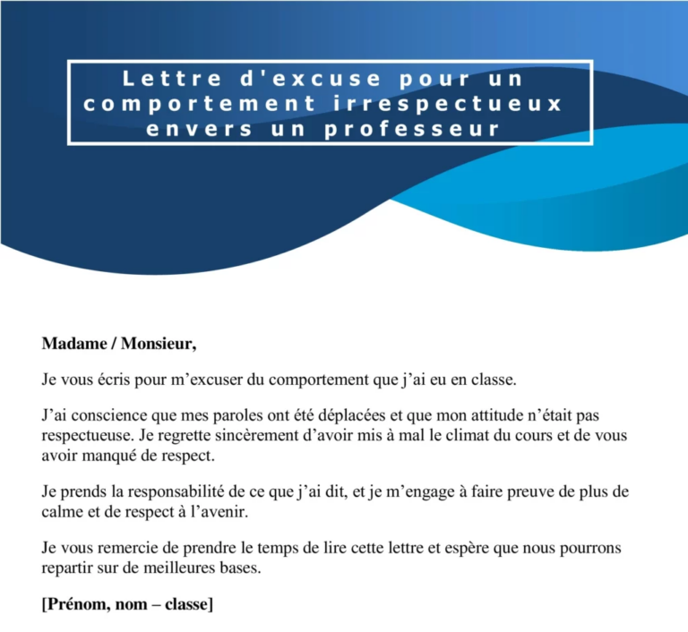 Lettre d'excuse pour un prof à imprimer