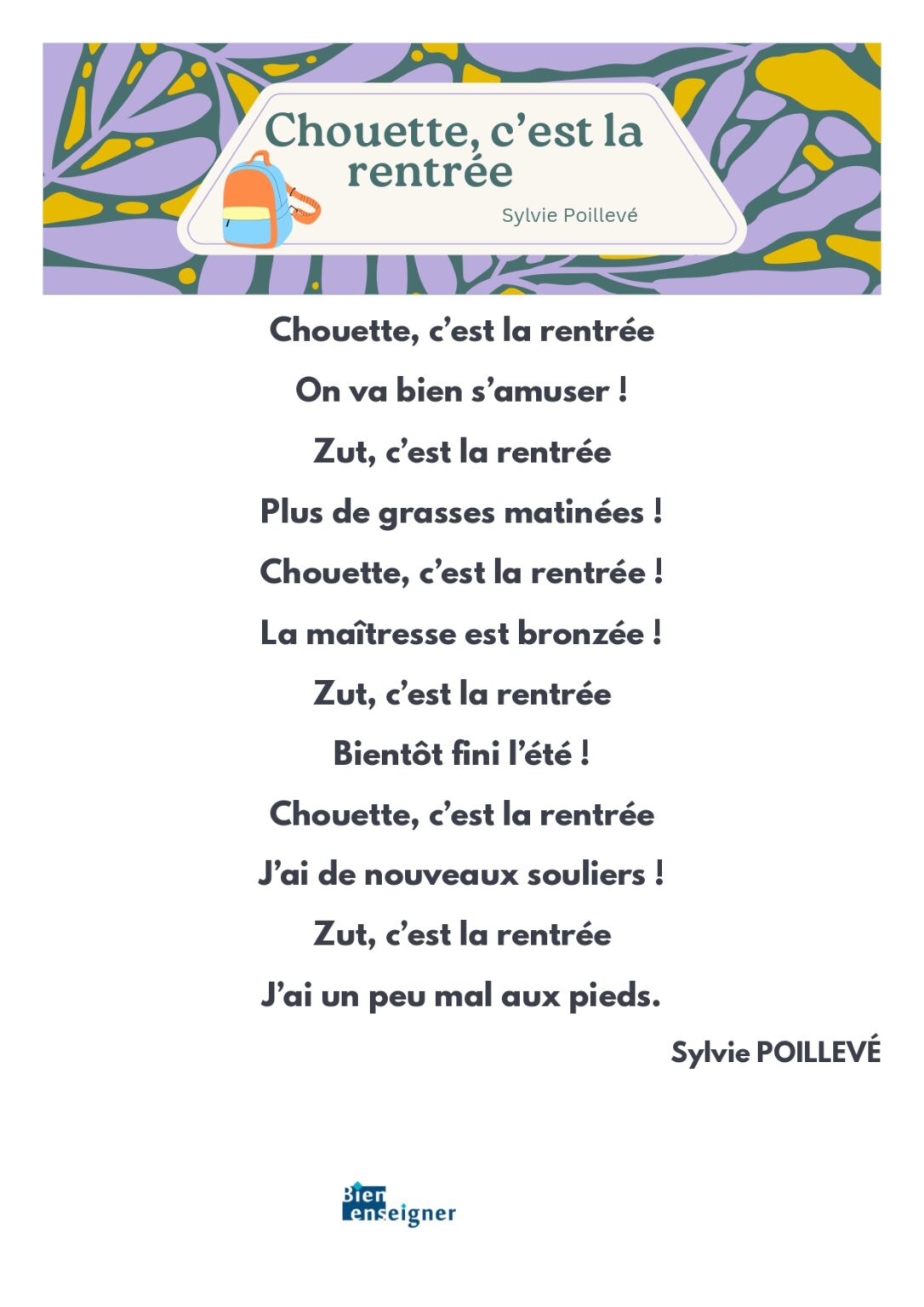 Poésie de rentrée CP à imprimer