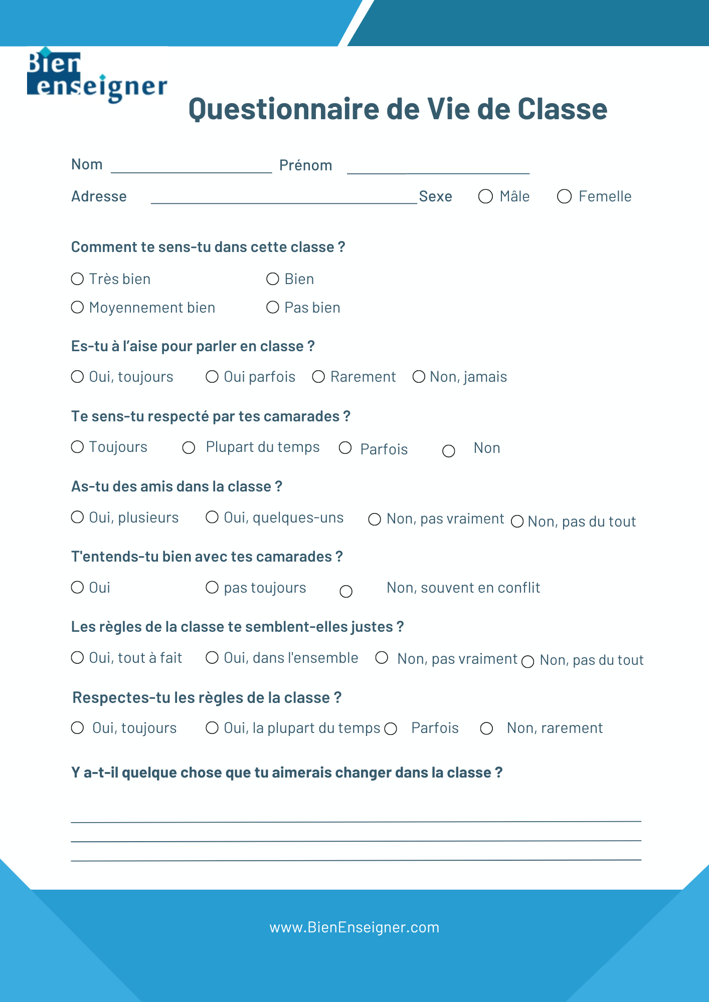 Questionnaire de vie de classe à imprimer
